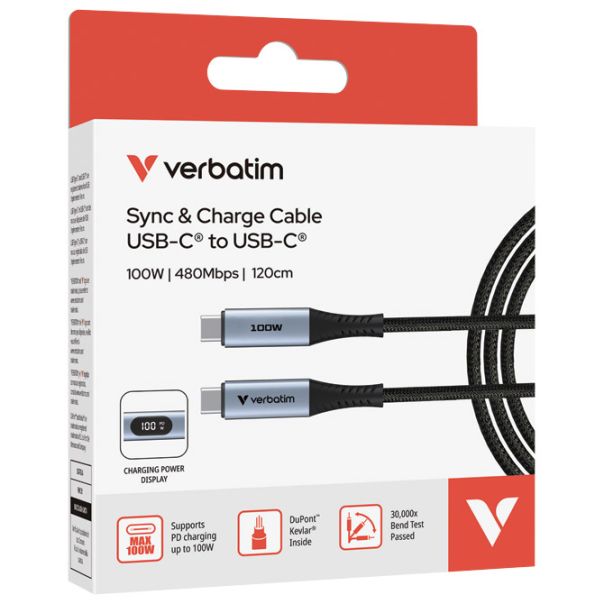 VERBATIM Kabal USB-C za sinhronizaciju i punjenje sa displejem 100W/120cm Sync & Charge 31848 crni