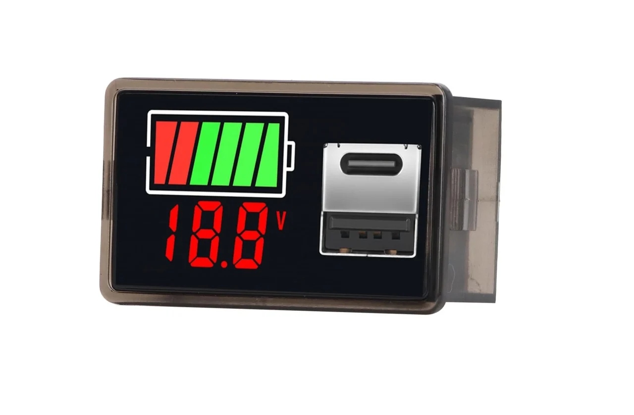 Indikator stanja akumulatora sa LED voltmetrom USB+USB-C crveni
