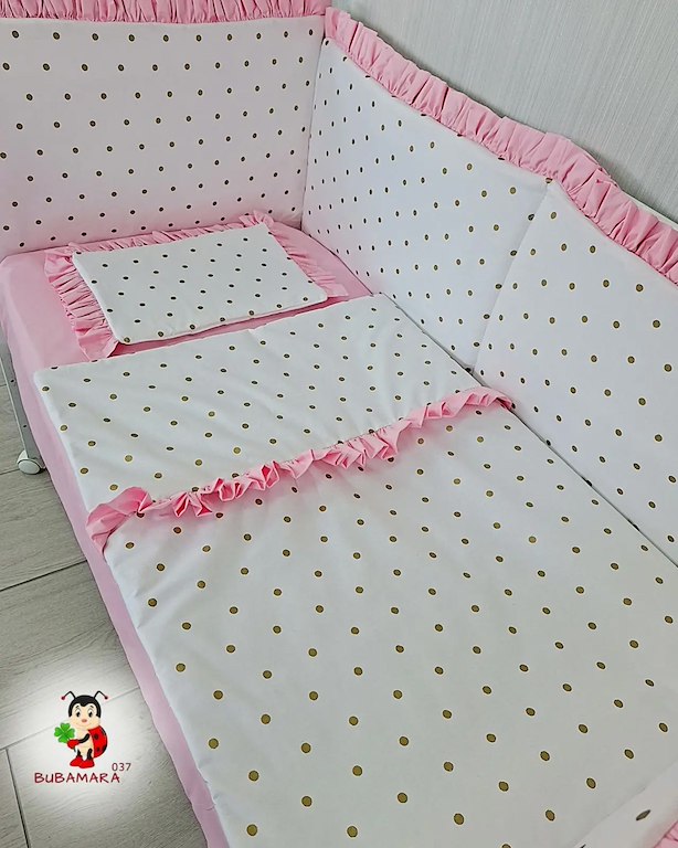 Bubamara037 Set za kreveta sa karnerom, Ravna ogradica, 120x60cm, Belo-roze