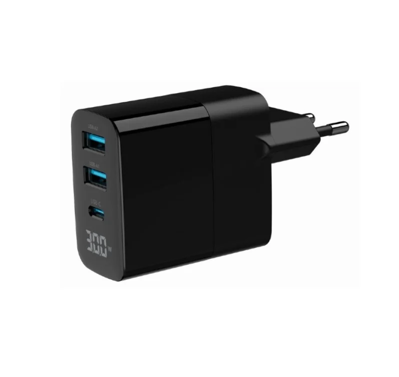 USB punjač 2xUSB-A+1xUSB C fast charger GaN 30W crni