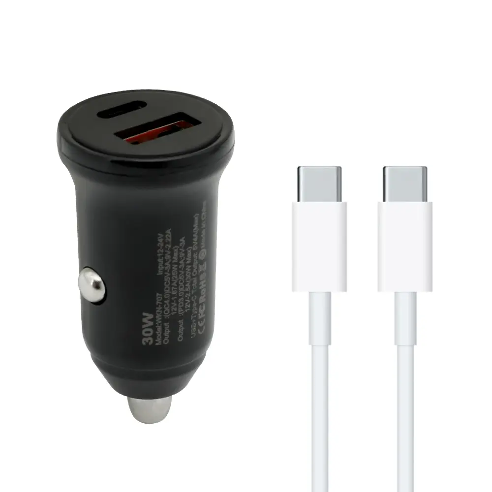 Auto punjac 30W USB-A + Type-C ulaz sa Type-C na Type-C kablom sivi