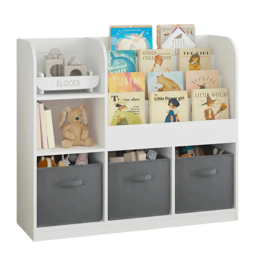 Dečiji organizator KINDER HOME, polica za knjige sa policama za igračke i knjige, 3 tekstilne kutije, drveni, beli, 92x30x80 cm, Montesori