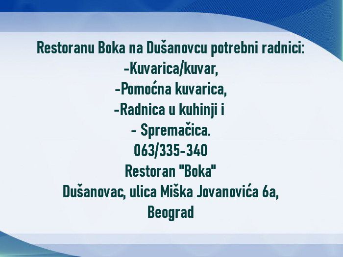 Restoranu Boka na Dušanovcu potrebni radnici