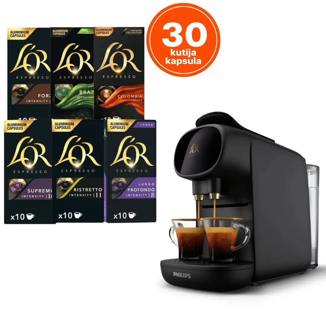 L'OR Kapsule za kafu 30x10 komada + Philips Aparat za kafu Sublime Piano Noir + Kapsule Colombia 1x10 + Kapsule Extra long 1x20