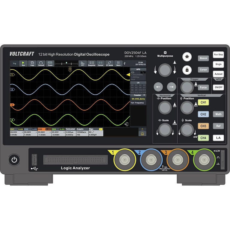 Voltcraft DOV2504F digitalni osciloskop, 4x250MHz, 100Mpts, 12-bitna rezolucija, generator signala