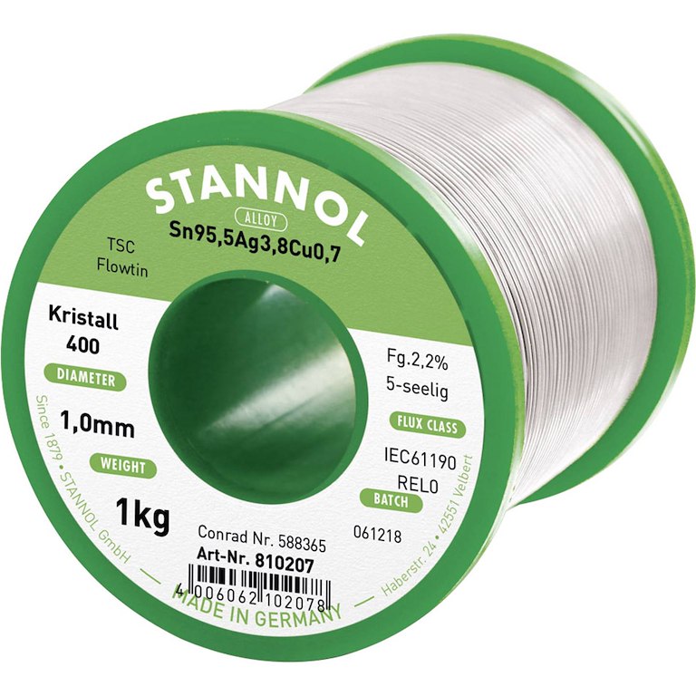 Tinol / kalaj žica Stannol Sn95.5/Ag3.8/Cu0.7 Kristall 400 1mm 1kg