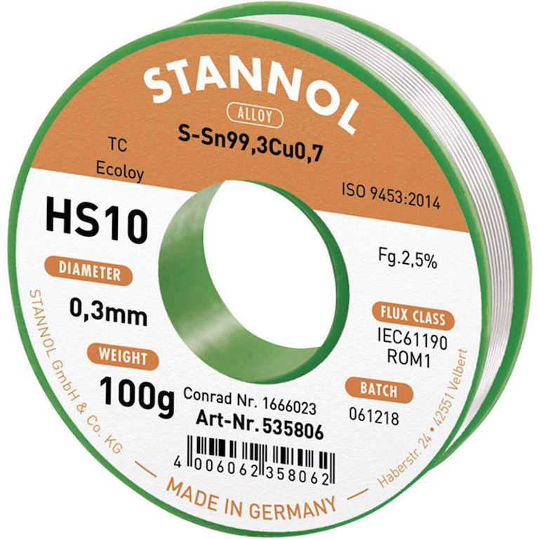 Tinol / kalaj žica Stannol Sn99.3/Cu0.7 Ecoloy HS10 1mm 500g