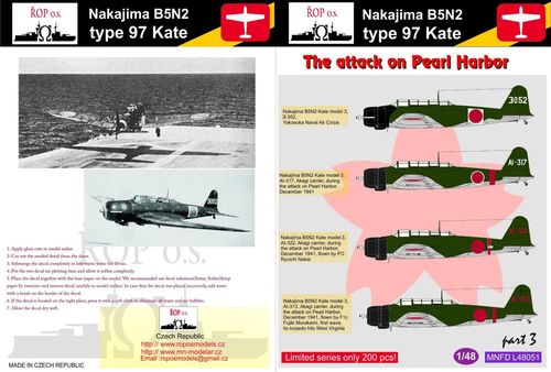 Ropos Models MNFDL48051 Nakajima B5N2 type 97 Kate - The attack on Pearl Harbor
