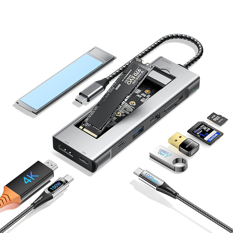 Kabl HUB Type C – HDMI, Type C, PD, USB 3.0, USB 2.0, SD card, TF i M.2 NVMe 8 u 1