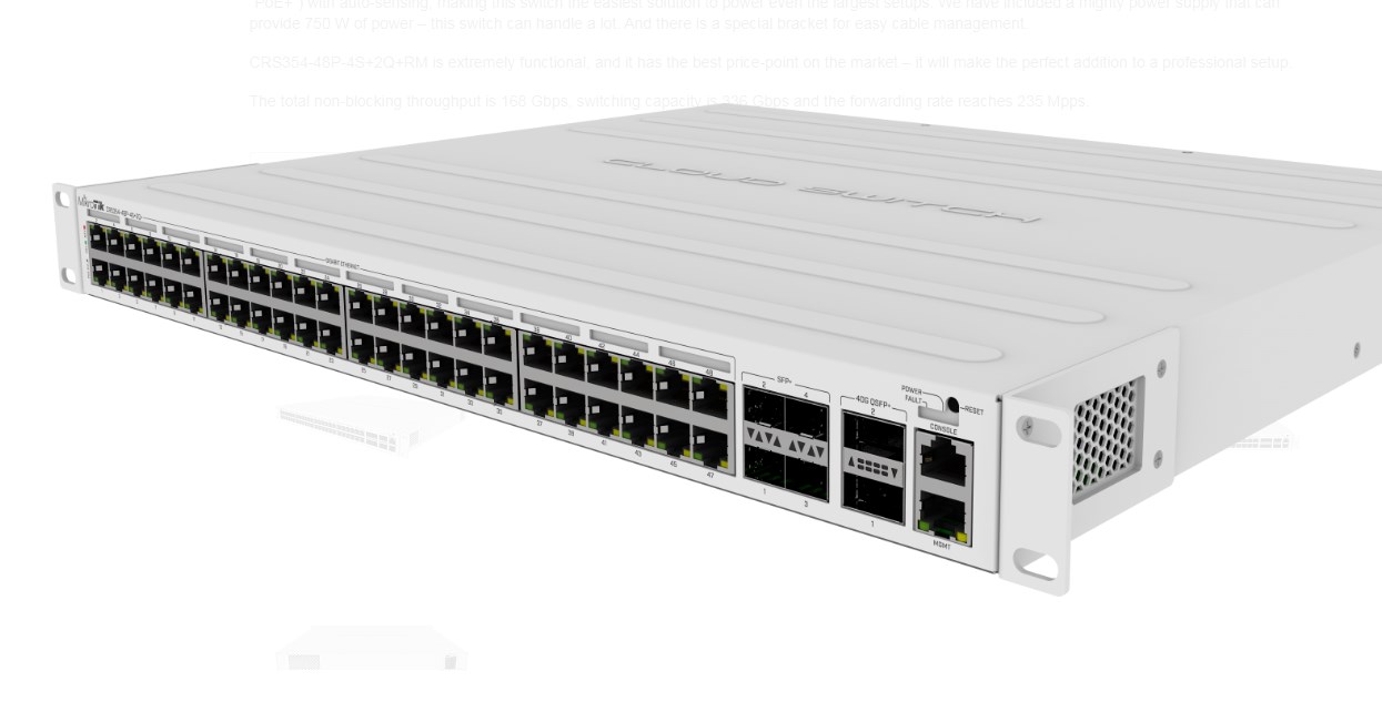 MikroTik CRS354-48P-4S+2Q+RM L3 upravljiv 750W PoE+ svič