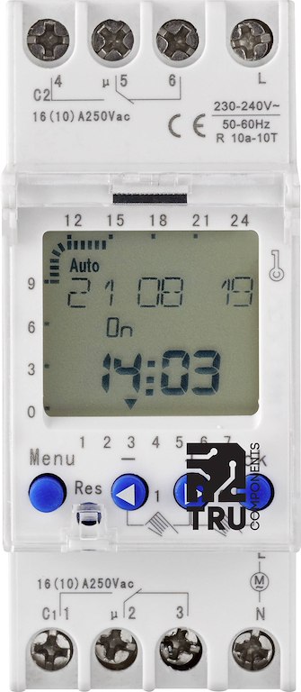vremenski prekidac za gornji poklopac Radni napon: 220 V / AC 2 preklopna kontakta 16 A 250 V / AC nedeljni program Tru Components TC-8576100 vremenski prekidac za DIN sinu TRU-DTS-AHC822 230 V/AC...