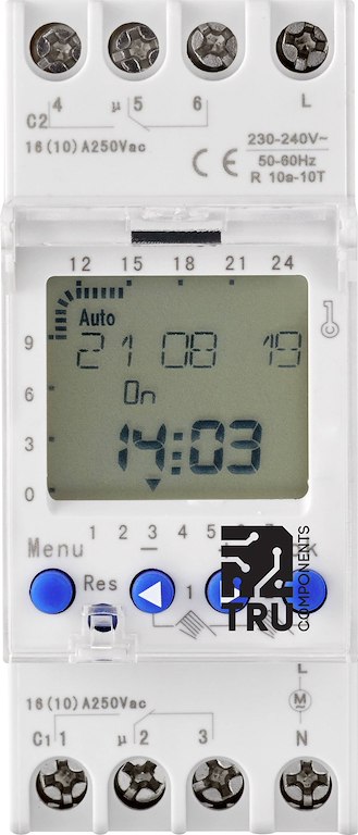 vremenski prekidac za gornji poklopac Radni napon: 220 V / AC 2 preklopna kontakta 16 A 250 V / AC nedeljni program Tru Components TC-8576064 vremenski prekidac za DIN sinu TRU-DTS-AHC812 230 V/AC...