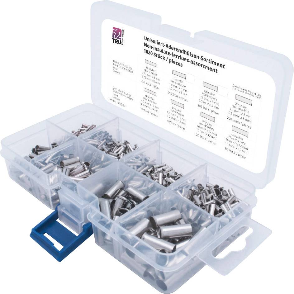 Tru Components T1903C034 Asortiman terminala 0,75 mm 2, 1 mm 2, 1,5 mm 2, 2,5 mm 2, 4 mm 2, 6 mm 2, 10 mm 2, 16 mm 2 neizolovanih 1020 delova