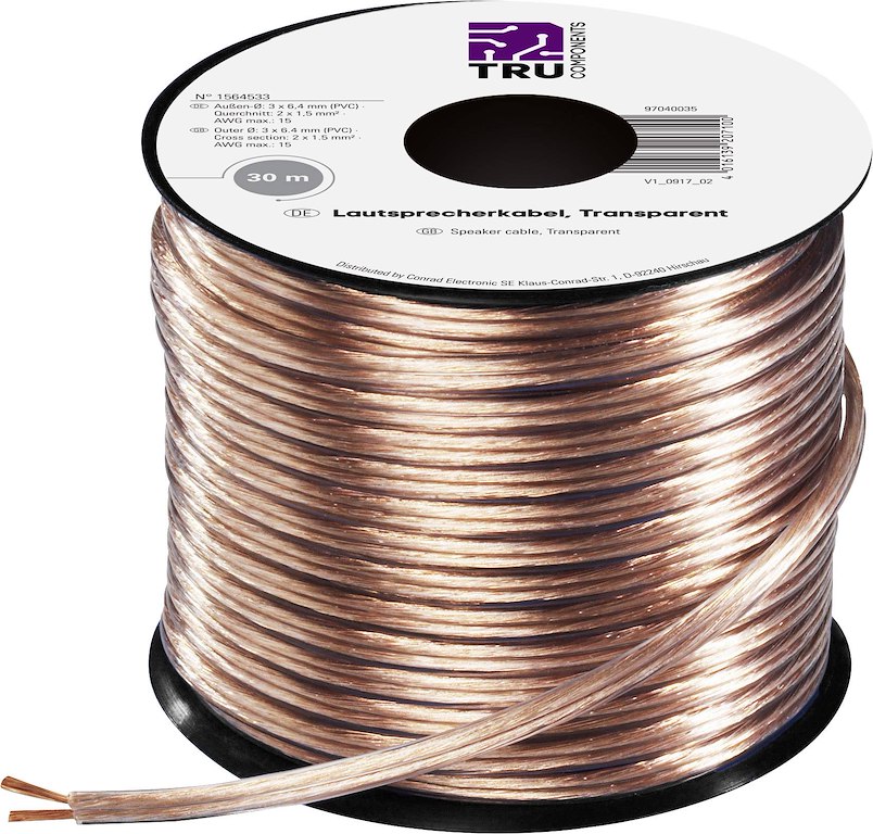 Kabel za zvucnik 2 * 1,50 mm 2 prozirne Tru Components 607168 30 m