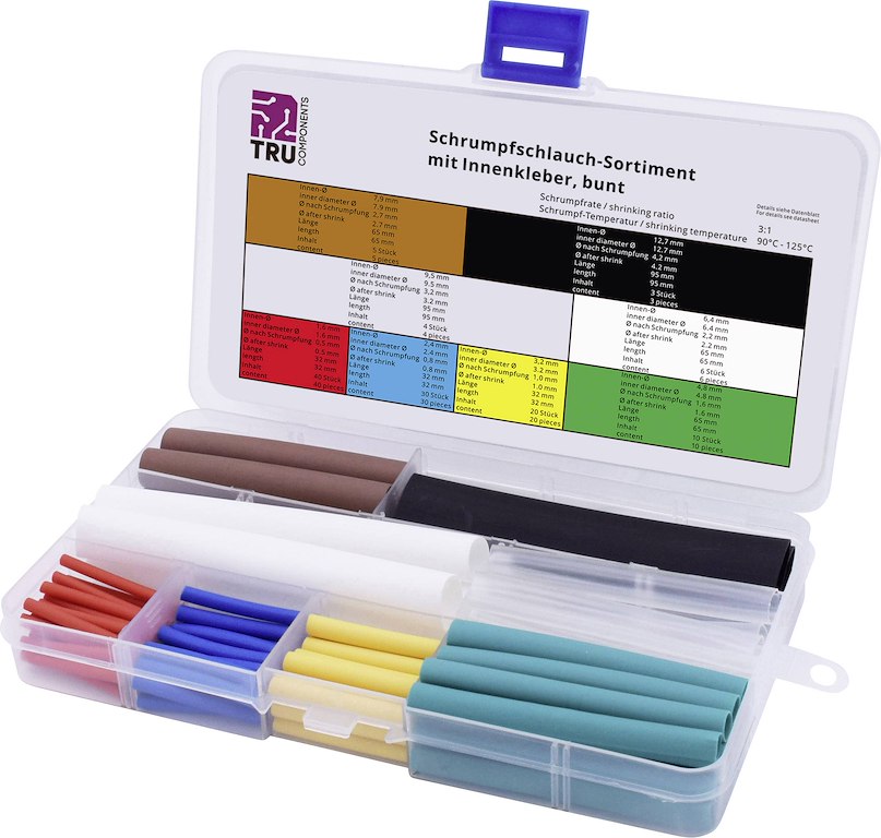 Tru Components T1807CA005 Termoskupljajuca cev – izbor crvene, plave, zute, zelene, providne, smedje, bele, crne Odnos skupljanja: 3:1 118 delova