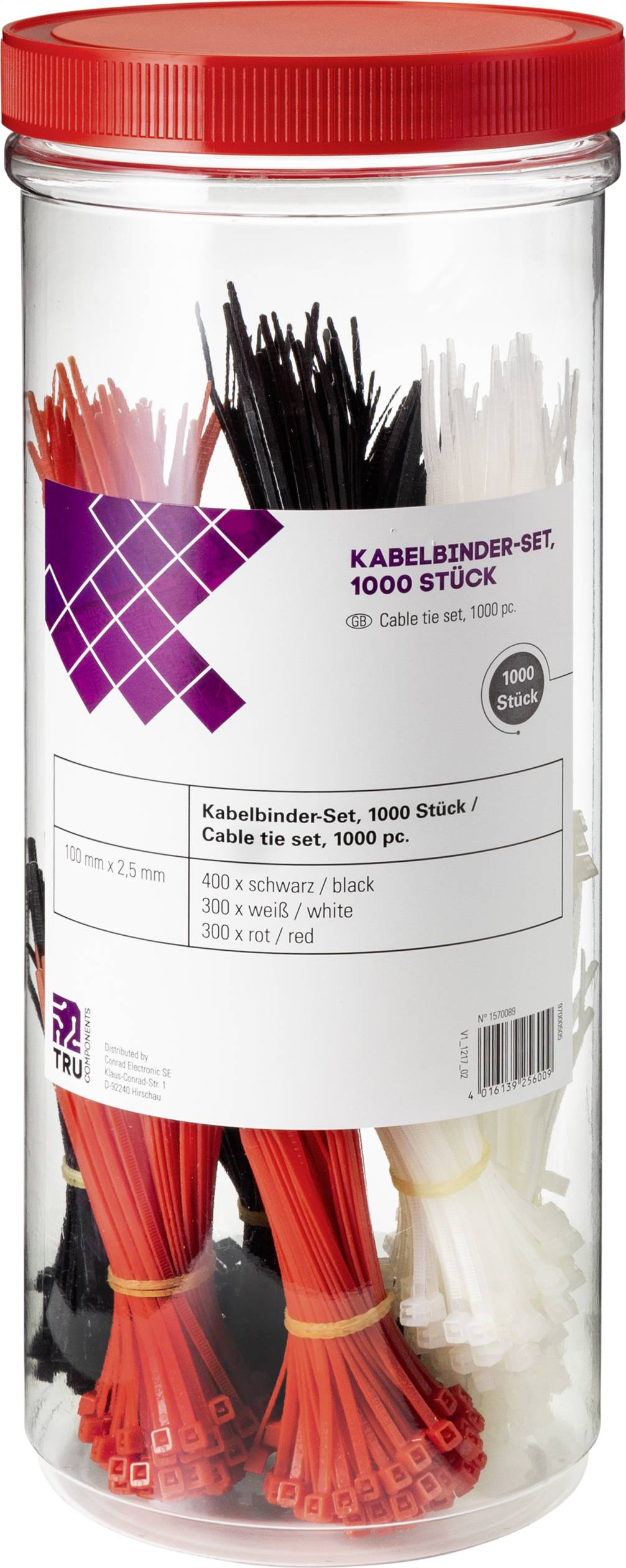 Asortiman kablovskih vezica 100 mm crne, crvene, prirodne Tru Components 1570089 1000 komada