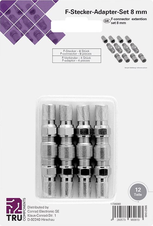 Tru Components TC-6936328 F-konektor set Prikljucci: F-utikac, F-uticnica, F-uticnica, F-utikac Precnik kabla: 6 mm 1 set