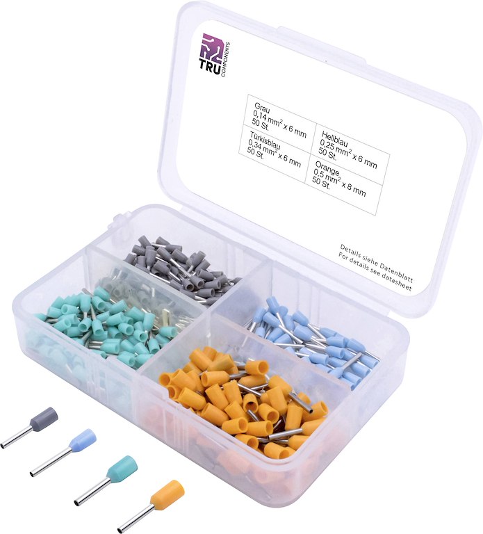 Tru Components T1903C023 asortiman supljih zica 0,14 mm 2, 0,25 mm 2, 0,34 mm 2, 0,50 mm 2 delimicno izolovane siva, svetlo plava, tirkizna, narandzasta 200 kom