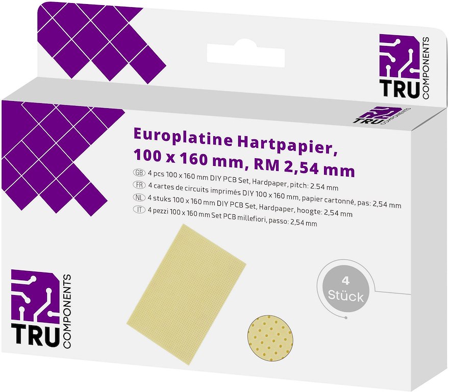Tru Components euro ploca bez bakarnog sloja tvrdi papir (D*S) 160 mm * 100 mm 35 mikrom Osnovna mreza 2,54 mm Sadrzaj 4 komada