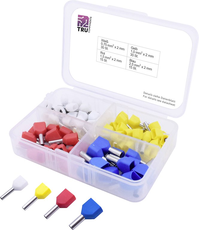 Tru Components T1903C021 asortiman supljih provodnika 0,75 mm 2, 1 mm 2, 1,5 mm 2, 2,5 mm 2 delimicno izolovani beli, zuti, crveni, plavi 90 kom
