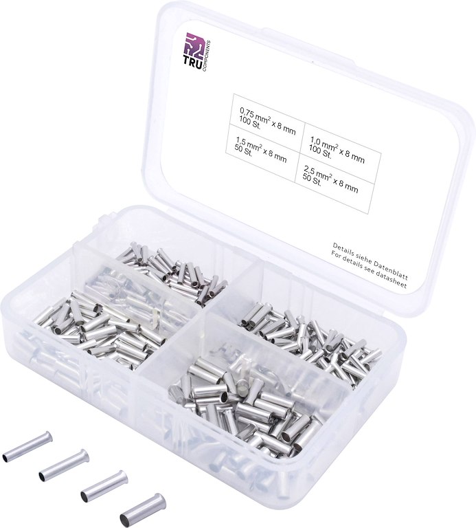 Tru Components T1903C022 asortiman supljih terminala 0,75 mm 2, 1 mm 2, 1,5 mm 2, 2,5 mm 2 neizolovanih srebrnih 300 kom