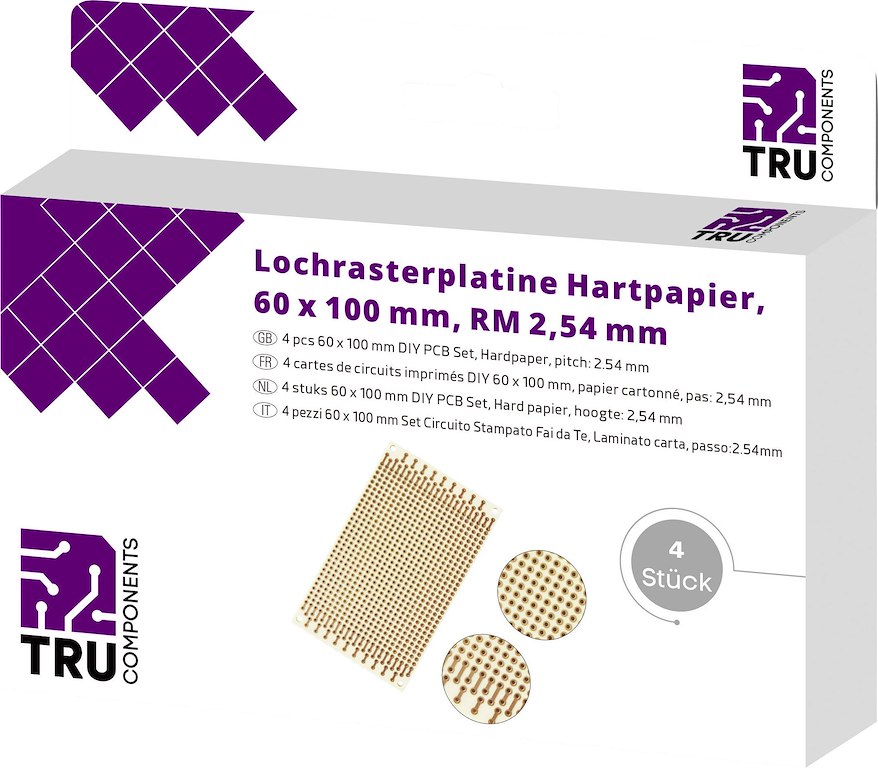 Tru Components T1906SA037 euro ploca tvrdi papir (D*S) 100 mm * 60 mm 35 mikrom Osnovna mreza 2,54 mm Sadrzaj 4 komada