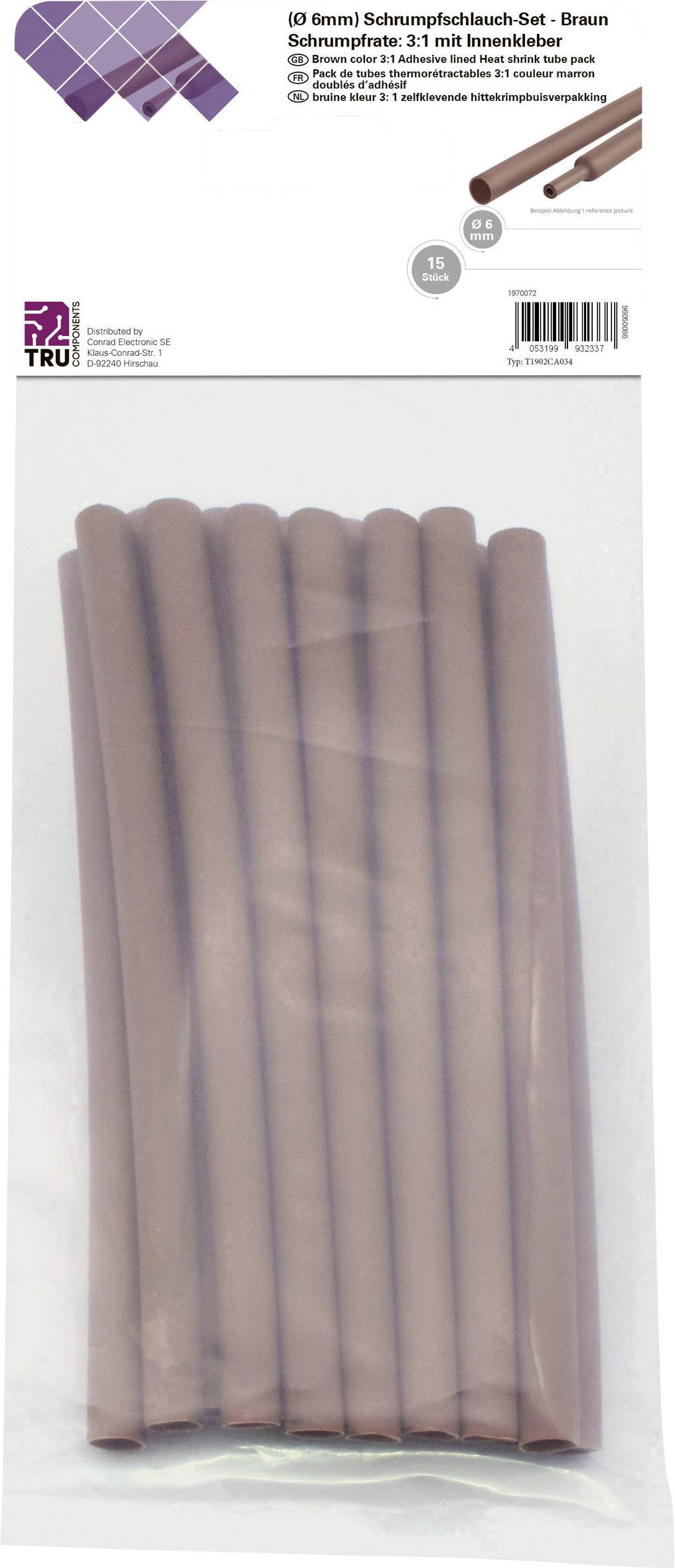 Tru Components T1902CA034 termoskupljajuca cev – izbor braon 6 mm 2 mm Odnos skupljanja: 3:1 15 kom