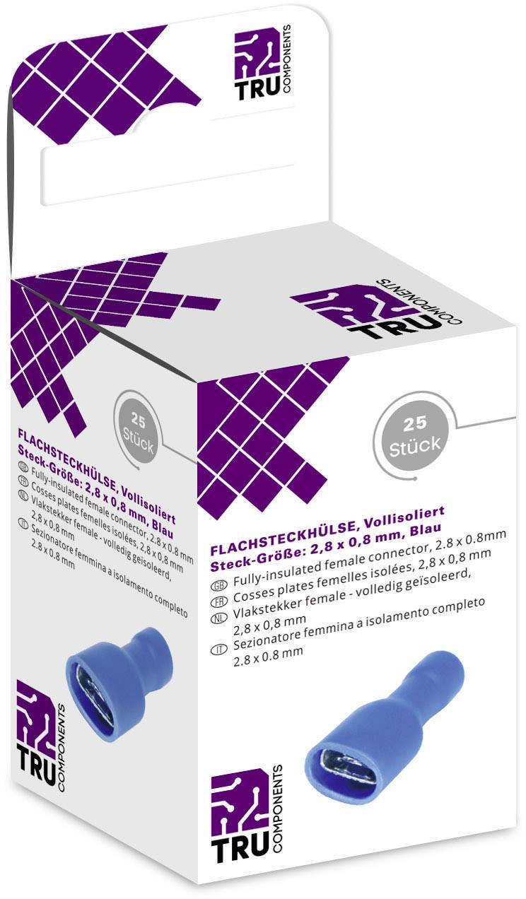 Tru Components T1904C114 set sa ravnim utikacem sirina jezika: 2,80 mm debljina utikaca: 0,80 mm 180 potpuno izolovano plavo 25 kom