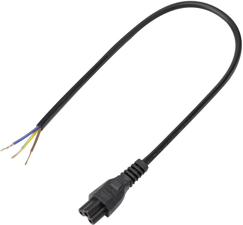 Mrezni prikljucni kabl, IEC uticnica C5 – kabl, otvoreni kraj, zajednicki st. stubovi: 2 + PE crni 50 cm