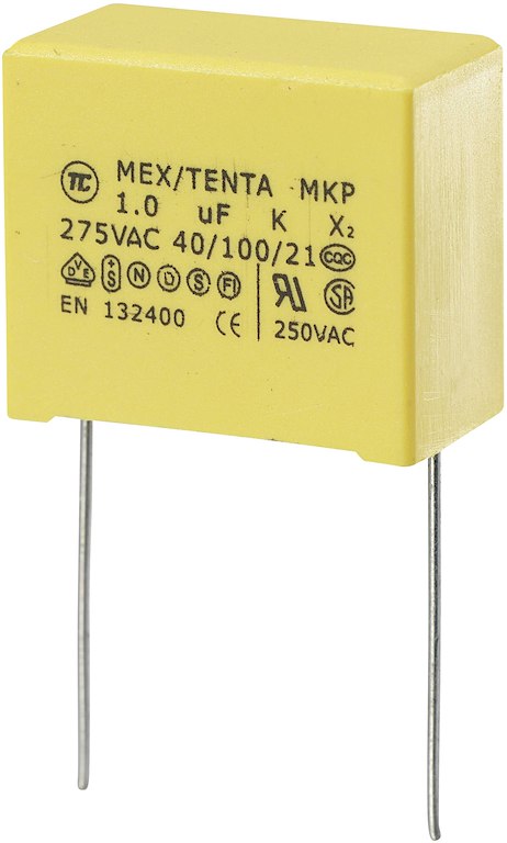 MKP-*2-kondenzator za suzbijanje radio smetnji, radijalno ozicen 1 mikroF 275 V/AC 10% 22,5 mm (D * s * V) 26,5 * 14 * 20 mm MKP-*2