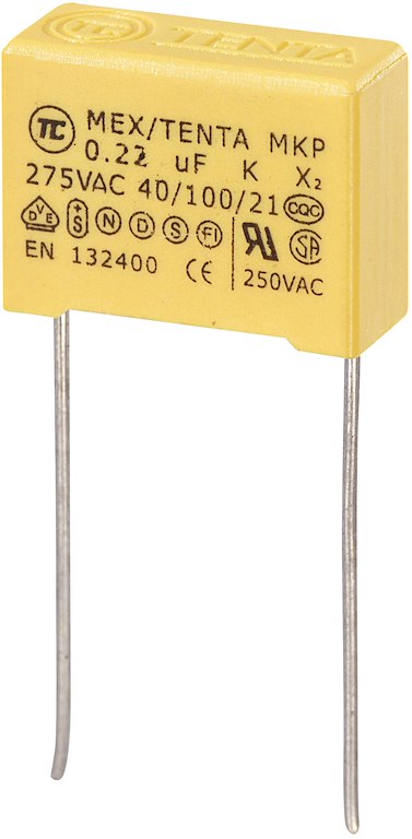 MKP-*2-kondenzator za suzbijanje radio smetnji, radijalno ožičen 0,22 mikroF 275 V/AC 10% 15 mm (D * s * V) 18 * 7,5 * 13,5 mm Tru Components MKP-*2