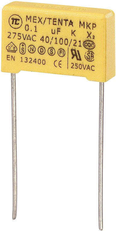 MKP-*2-kondenzator za suzbijanje radio smetnji, radijalno ozicen 0,1 mikroF 275 V/AC 10% 15 mm (D * s * V) 18 * 5 * 11 mm Tru Components MKP-*2