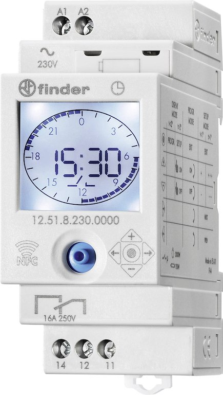 Finder vremenski prekidac za profilnu sinu Radni napon (broj): 230 V/AC 12.51.8.230.0000 1 prekidac 16 A 250 V/AC dnevni program, nedeljni program Finder 12.51.8.230.0000 vremenski prekidac za pro...