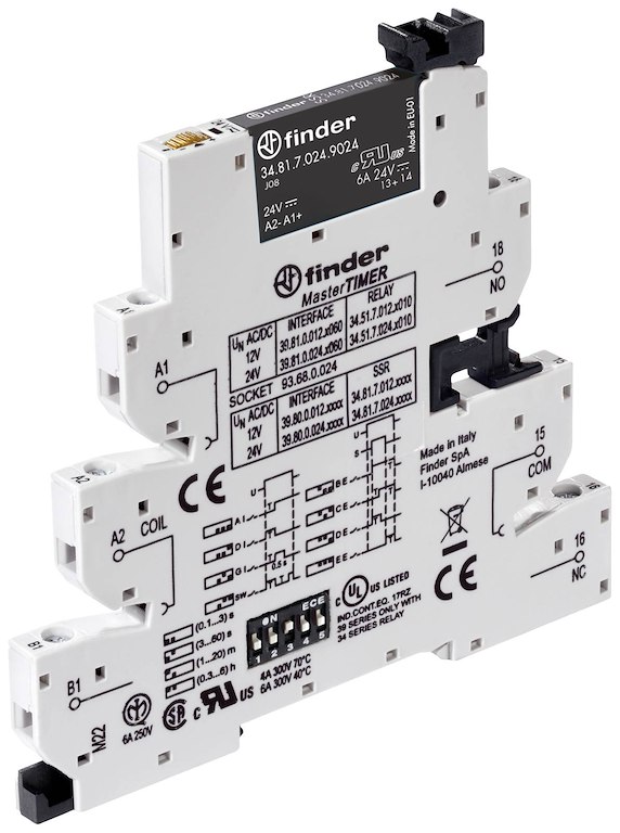 MasterTIMER spojni relej, sa vijcanim spojevima, SSR 1 NO kontakt 6 A/24 V DC, 8 vremenskih funkcija, ulaz 24 V AC/DC Finder 39.80.0.024.9024 spojni relej 24 V DC/AC 6 A 1 NO