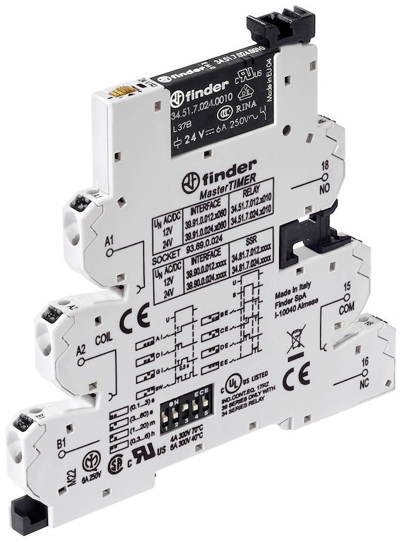 MasterTIMER spojni relej, sa prikljucnim klemama, 1 preklopni kontakt 6 A, 8 vremenskih funkcija, kalem 12 V AC/DC Finder 39.91.0.012.0060 spojni relej 12 V DC/AC 6 A 1 preklopnik