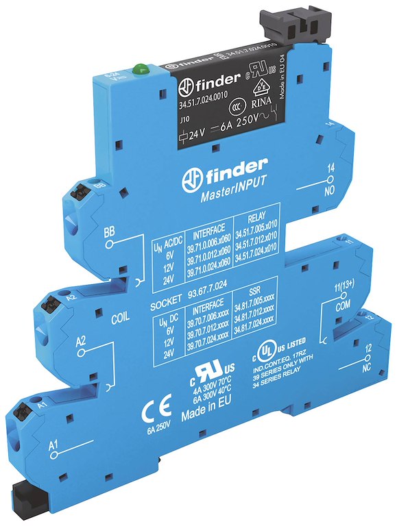 MasterINPUT spojni relej, sa uticnim klemama, 1 preklopni kontakt 6 A tvrdo pozlacen, kalem 230 V AC Finder 39.71.8.230.5060 spojni relej 230 V/AC 6 A 1 preklopnik