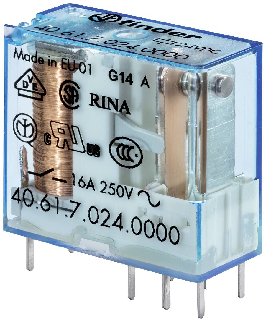 Relej sa utikacem i prikljuccima za stampanje, 1 preklopni kontakt za 16 A, materijal kontakta AgSnO2, kalem 230 V AC Finder 40.61.8.230.4000 PCB relej 230 V/AC 16 A 1 preklopnik