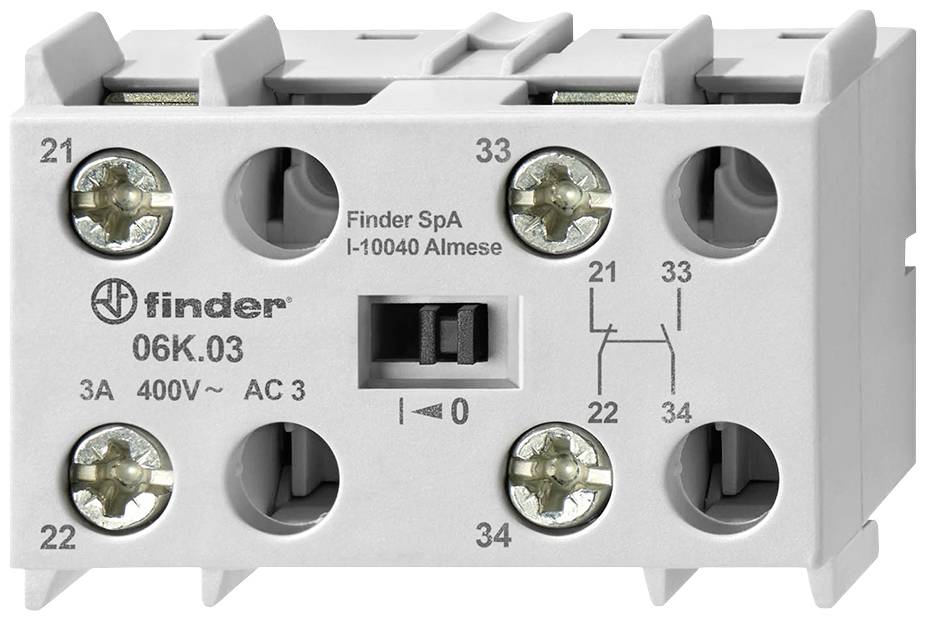 Blok pomocnog prekidaca, 1 sklopni kontakt i 1 prekidni kontakt 2 A (400 V – AC 15), moze se mehanicki pricvrstiti na industrijske kontaktore serije 6K.04 Finder 06K.03 pomocni prekidac 1 NO, 1 NC...
