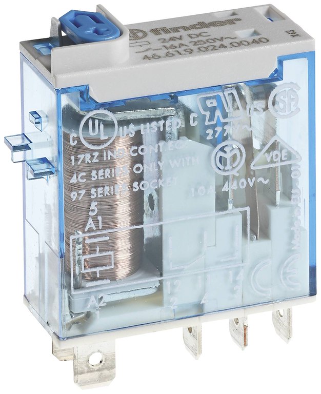 Industrijski minijaturni relej, 1 preklopni kontakt 16 A, kalem 24 V DC Finder 46.61.9.024.0040 uticni relej 24 V/DC 16 A 1 preklopni
