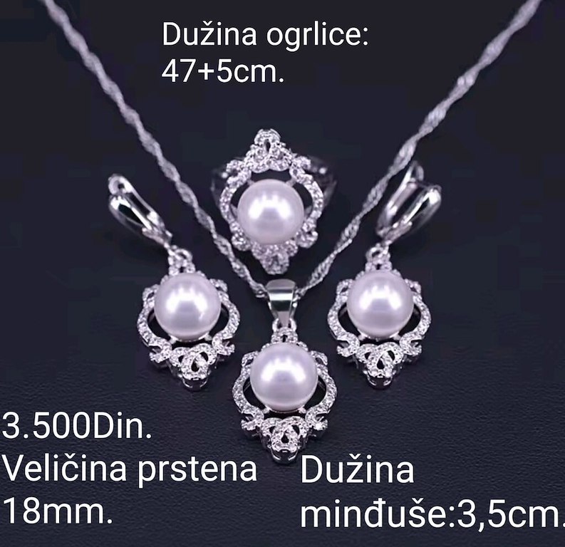 Posrebreni set nakita sa žigom S925 od hirurskog čelika. Biseri i