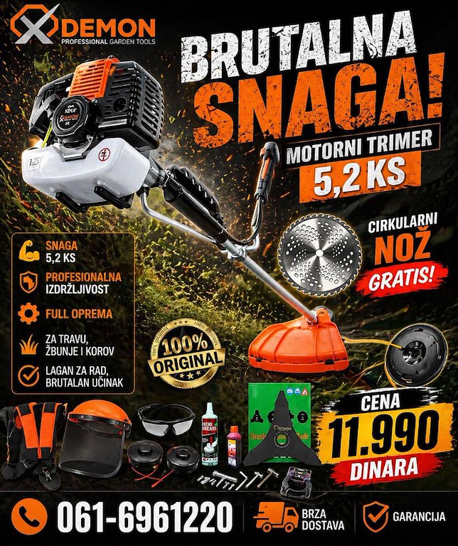 Motorni trimer DEMON – 5,2 KS - Snažan benzinski trimer za košenje