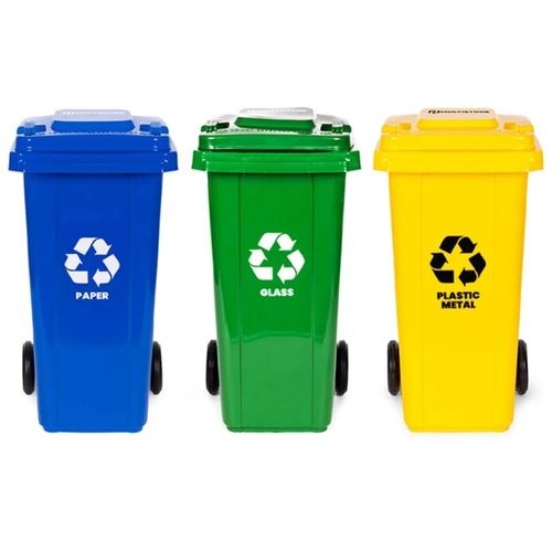 Set od 3 kante za otpad – 120 L, gumirani točkovi (papir, staklo, plastika)
