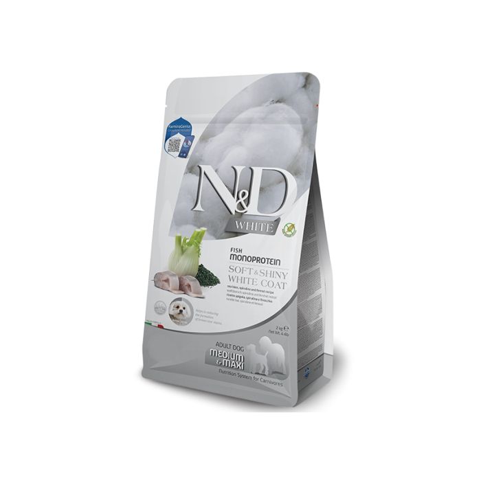 N&D White: Hrana za bele pse Med/Max Adult, Brancin & Spirulina
