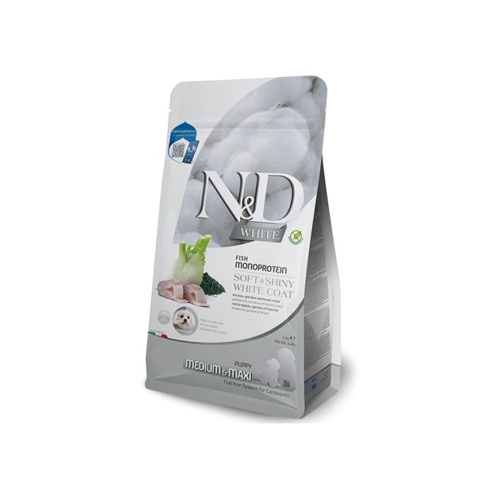 N&D White: Hrana za bele štence Med/Max Puppy, Brancin & Spirulina
