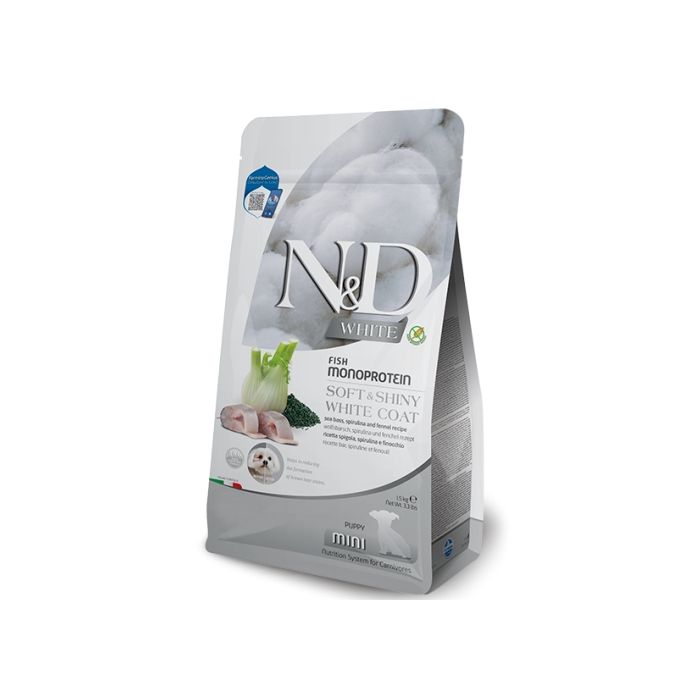 N&D White: Hrana za bele štence Mini Puppy, Brancin & Spirulina