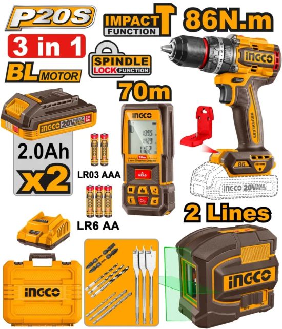 Akumulatorski set vibraciona bušilica + zeleni linijski laser + laserski daljinomer 70m; 20V 2 x 2,0Ah Super INGCO COSLI251001E