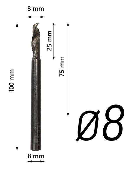 Jednopero CNC glodalo za aluminijum 8mm, prihvat 8mm, ukupna dužina 100mm FUL 19D.080.B