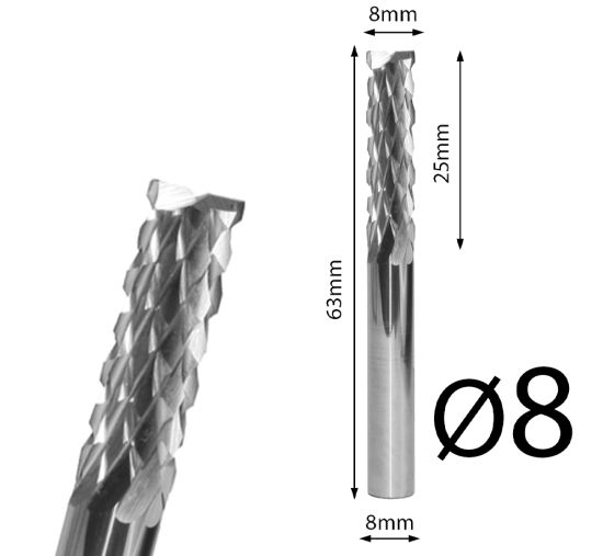 CNC glodalo za fiberglas prečnik 8mm, prihvat 8mm, ukupna dužina 63mm FUL - 360A.080.F