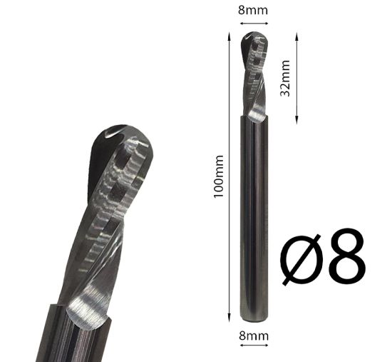 Loptasto CNC glodalo spiralno produženo (Ball Nose) 8mm, prihvat 8mm, ukupna dužina 100mm FUL 9BB.080