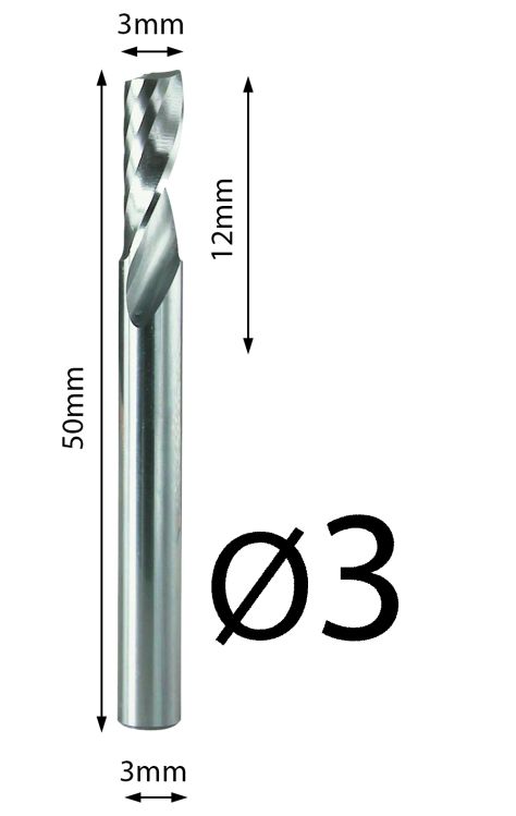 Spiralno CNC glodalo za drvo 3mm, prihvat 3mm, ukupna dužina 50mm FUL 9D.030